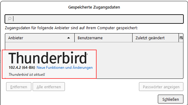 Seit dem Update auf 102.4.2 scheint das Passwort verloren zu sein: Thunderbird quasi offline ...