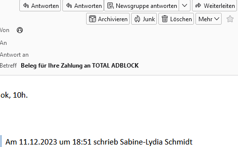 Nachrichtenbereich zeigt falsche Betreffzeile, keinen Empfänger und nur ein Symbol für den ...