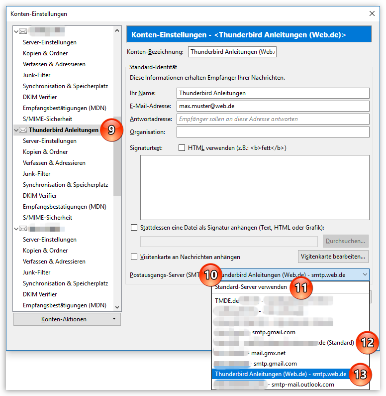Postausgangs-Server (SMTP) bearbeiten - Thunderbird Mail DE